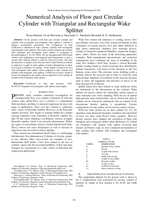 Pdf Numerical Analysis Of Flow Past Circular Cylinder With Triangular And Rectangularwake Splitter