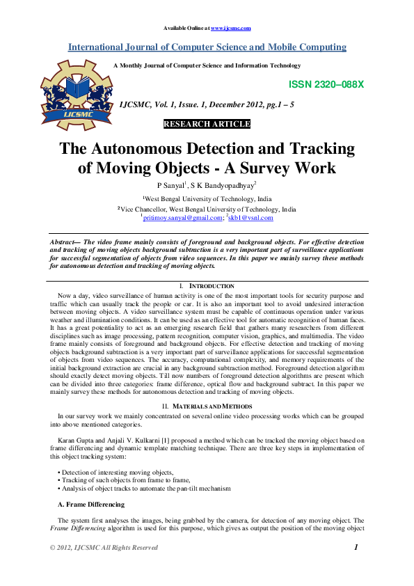 Pdf The Autonomous Detection And Tracking Of Moving Objects A Survey Work