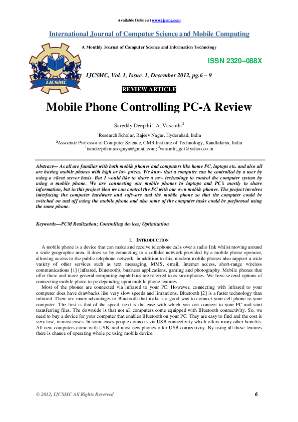 (PDF) Mobile Phone Controlling PC-A Review﻿﻿