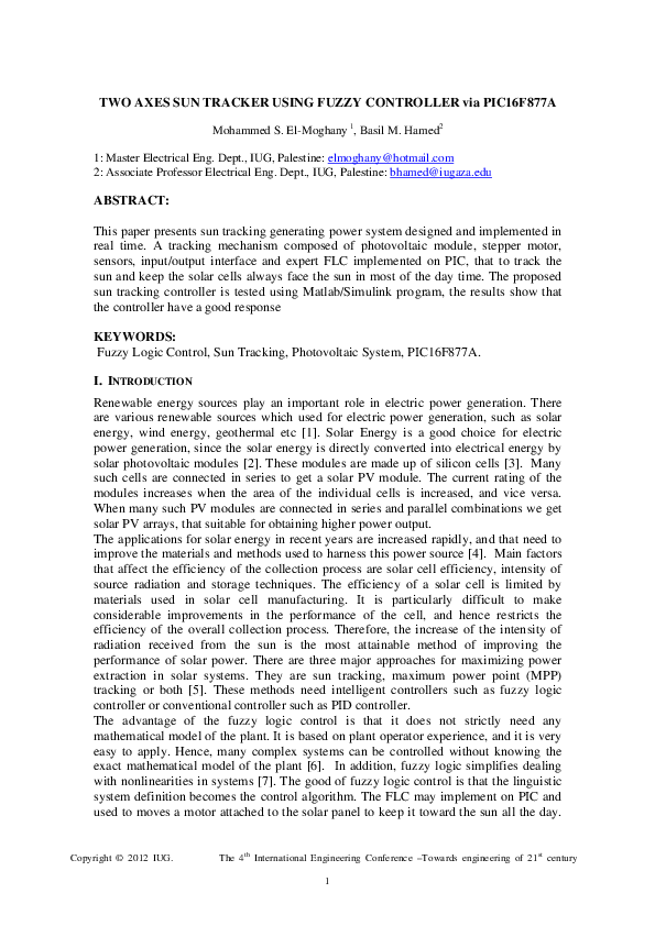 Pdf Two Axes Sun Tracker Using Fuzzy Controller Via Pic16f877a