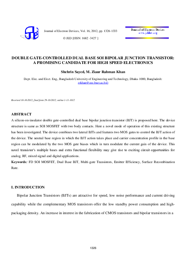 (PDF) Double Gate-Controlled Dual Base SOI Bipolar Junction Transistor ...