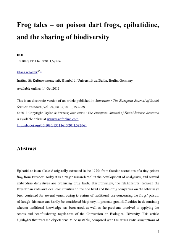 (PDF) Frog tales – on poison dart frogs, epibatidine, and the sharing ...