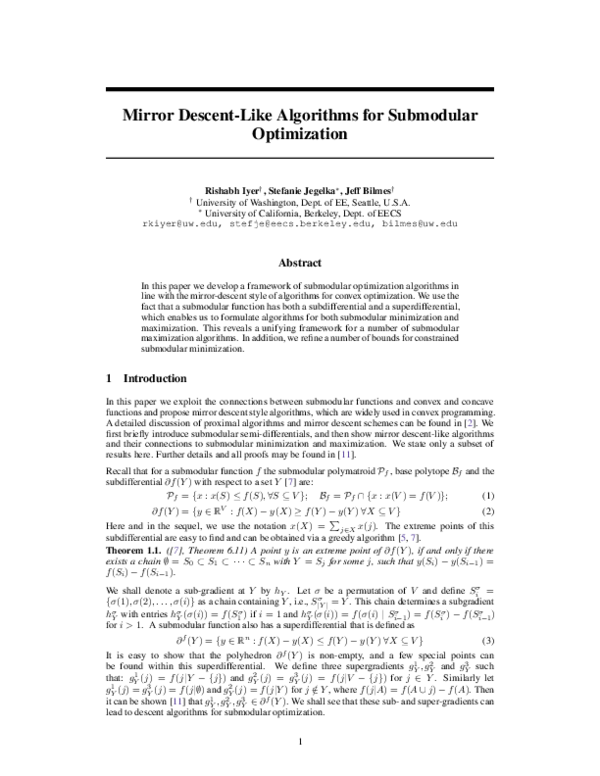 Pdf Mirror Descent Like Algorithms For Submodular Optimization