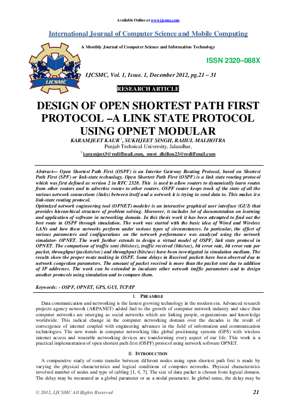 Pdf Design Of Open Shortest Path First Protocol A Link State Protocol Using Opnet Modular﻿