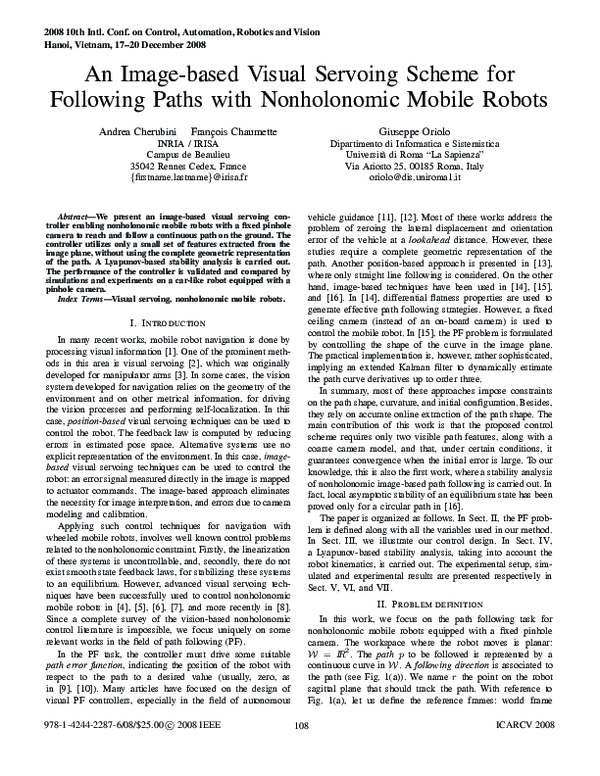 Pdf An Image Based Visual Servoing Scheme For Following Paths With Nonholonomic Mobile Robots