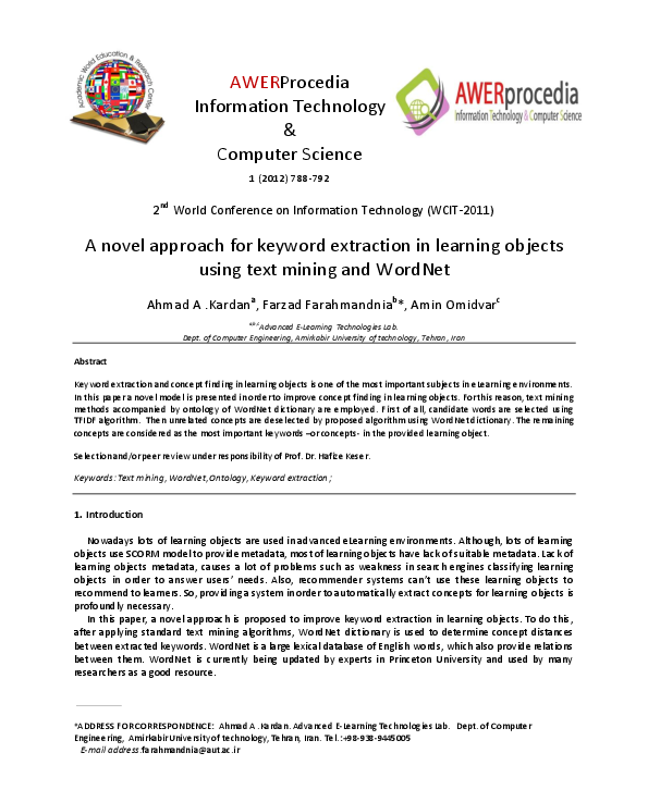 Pdf A Novel Approach For Keyword Extraction In Learning Objects Using