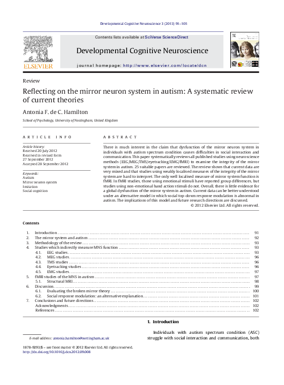 (PDF) Reflecting on the mirror neuron system in autism: a systematic ...