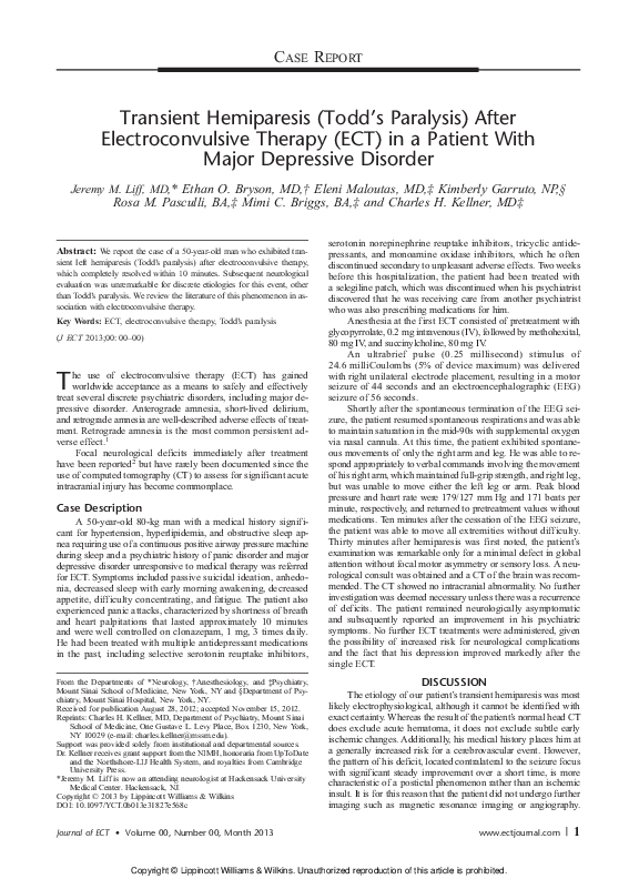 (PDF) Transient Hemiparesis (Todd's Paralysis) After Electroconvulsive ...