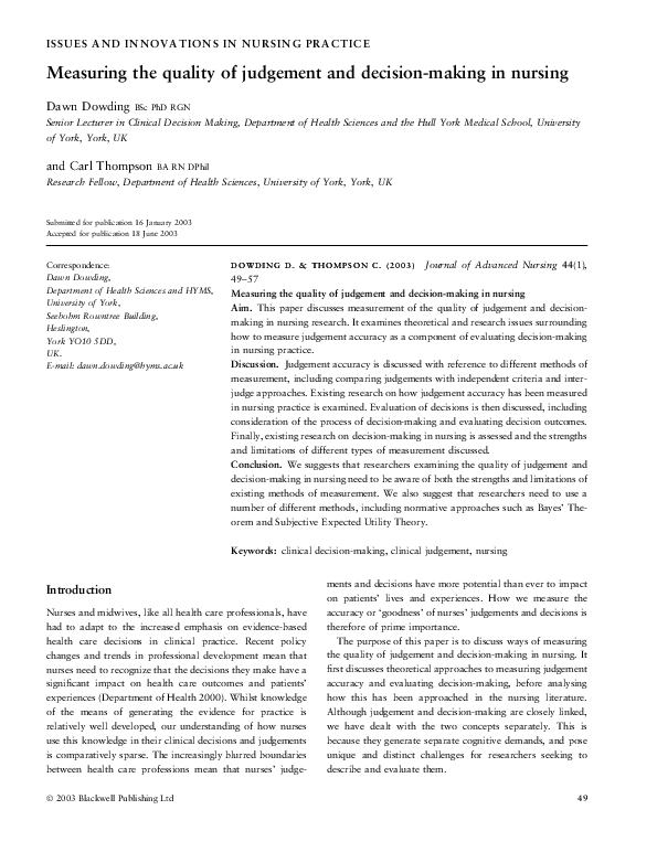 (PDF) Measuring the quality of judgement and decision-making in nursing