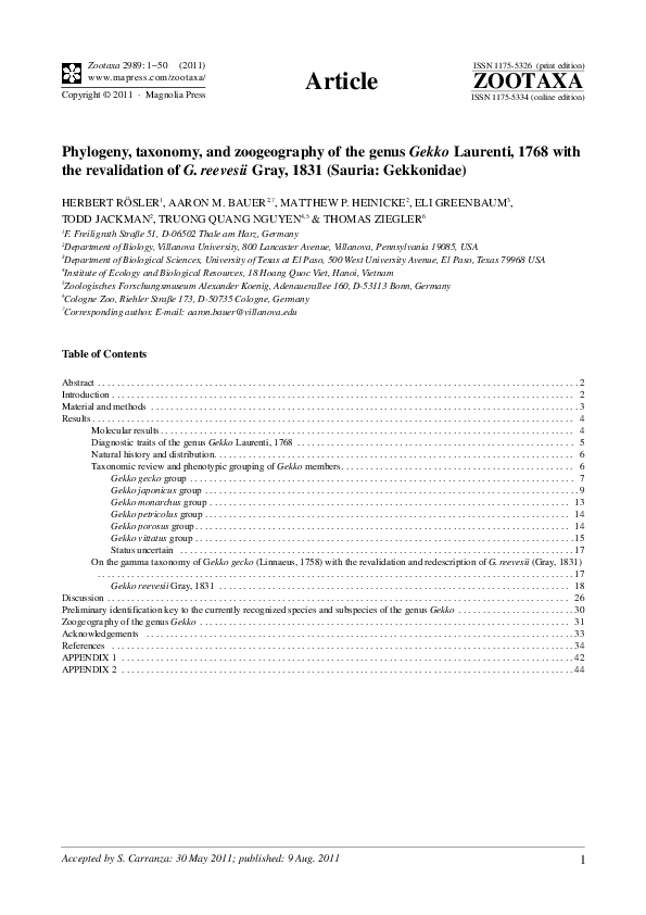(PDF) Phylogeny, taxonomy, and zoogeography of the genus Gekko Laurenti ...
