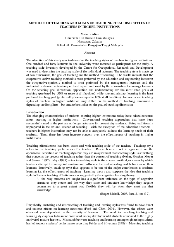 (PDF) Methods of teaching and goals of teaching: teaching styles of ...