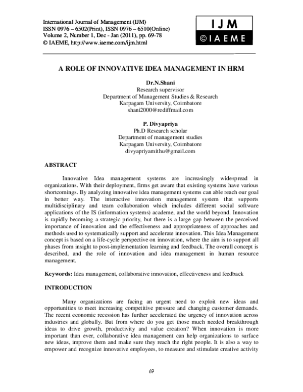 (PDF) A ROLE OF INNOVATIVE IDEA MANAGEMENT IN HRM