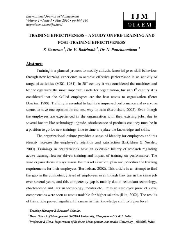 (PDF) TRAINING EFFECTIVENESS – A STUDY ON PRE-TRAINING AND POST ...