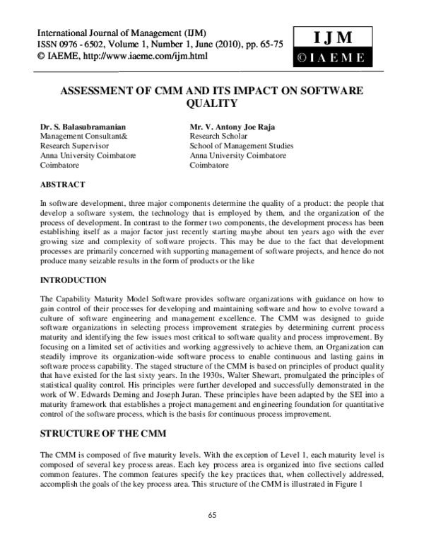 (PDF) ASSESSMENT OF CMM AND ITS IMPACT ON SOFTWARE QUALITY
