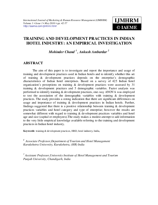 (PDF) TRAINING AND DEVELOPMENT PRACTICES IN INDIAN HOTEL INDUSTRY: AN EMPIRICAL INVESTIGATION