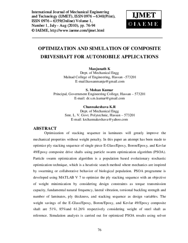 Pdf Optimization And Simulation Of Composite Driveshaft For Automobile Applications