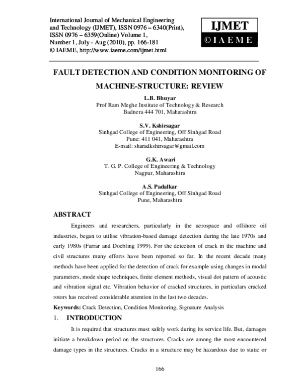 Pdf Fault Detection And Condition Monitoring Of Machine Structure Review