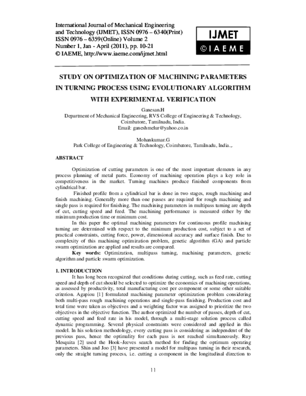 (PDF) STUDY ON OPTIMIZATION OF MACHINING PARAMETERS IN TURNING PROCESS USING EVOLUTIONARY ...