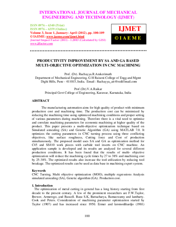 (PDF) PRODUCTIVITY IMPROVEMENT BY SA AND GA BASED MULTI-OBJECTIVE OPTIMIZATION IN CNC MACHINING