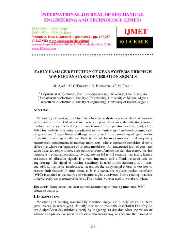 (PDF) EARLY DAMAGE DETECTION OF GEAR SYSTEMS THROUGH WAVELET ANALYSIS OF VIBRATION SIGNALS