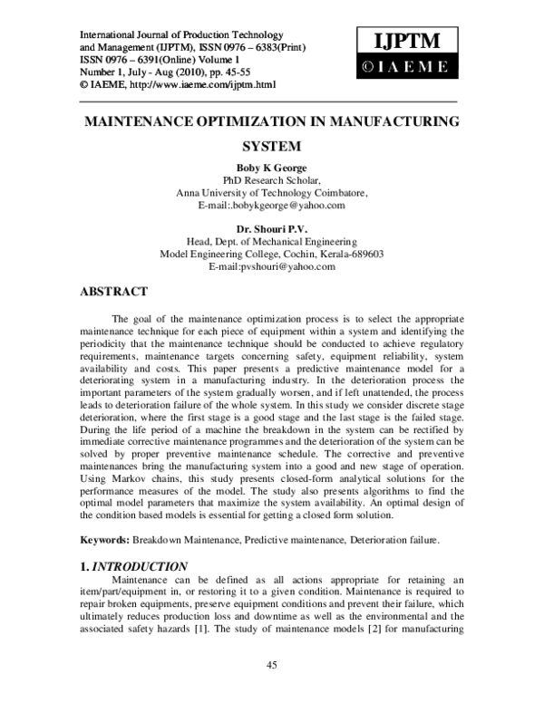 (PDF) MAINTENANCE OPTIMIZATION IN MANUFACTURING SYSTEM