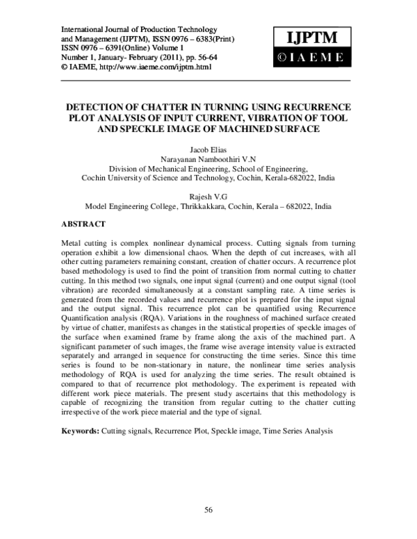 Pdf Detection Of Chatter In Turning Using Recurrence Plot Analysis Of Input Current Vibration