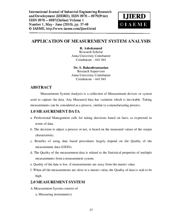 (PDF) APPLICATION OF MEASUREMENT SYSTEM ANALYSIS