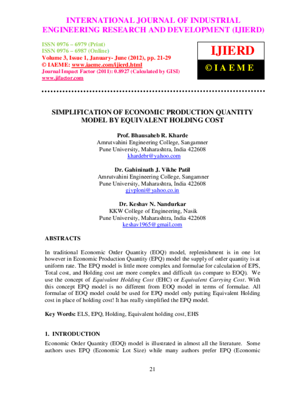 Pdf Simplification Of Economic Production Quantity Model By Equivalent Holding Cost