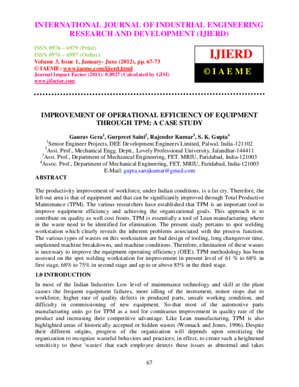 (PDF) IMPROVEMENT OF OPERATIONAL EFFICIENCY OF EQUIPMENT THROUGH TPM: A ... (PDF) IMPROVEMENT OF OPERATIONAL EFFICIENCY OF EQUIPMENT THROUGH TPM: A ...