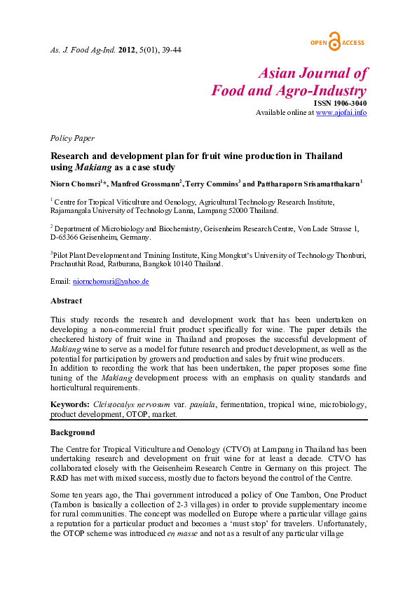(PDF) Research and development plan for fruit wine in Thailand using ...