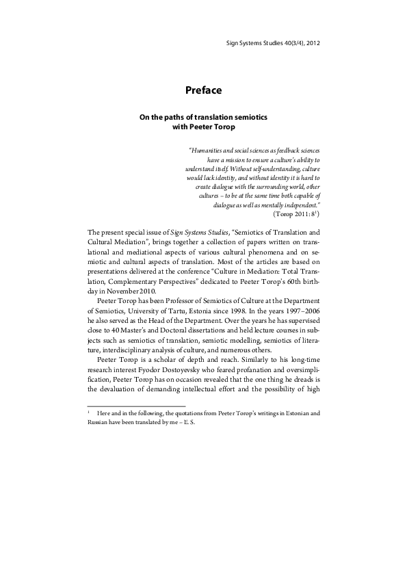 (PDF) Preface. On the paths of translation semiotics with Peeter Torop ...