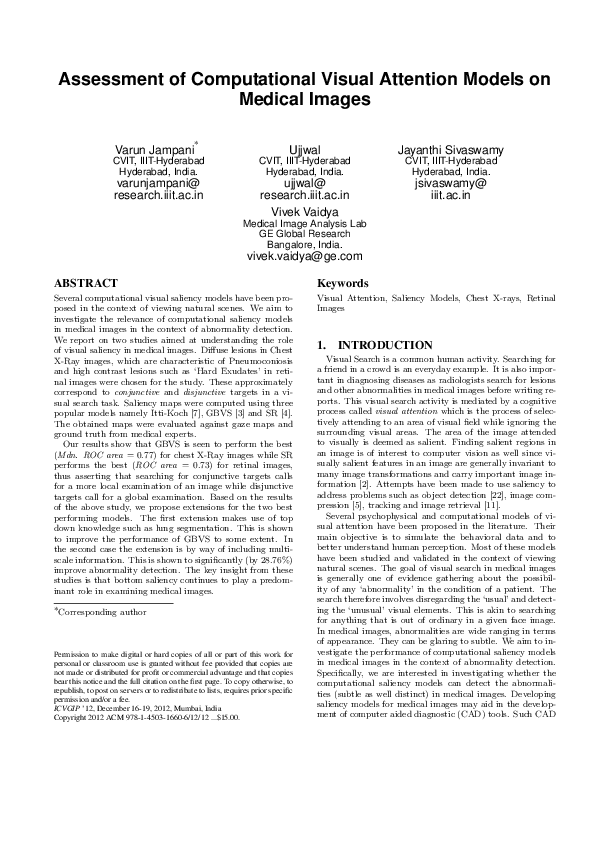 Pdf Assessment Of Computational Visual Attention Models On Medical Images