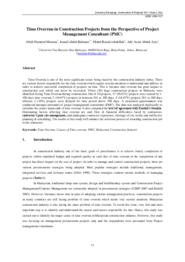 (PDF) Time Overrun in Construction Projects from the Perspective of ...