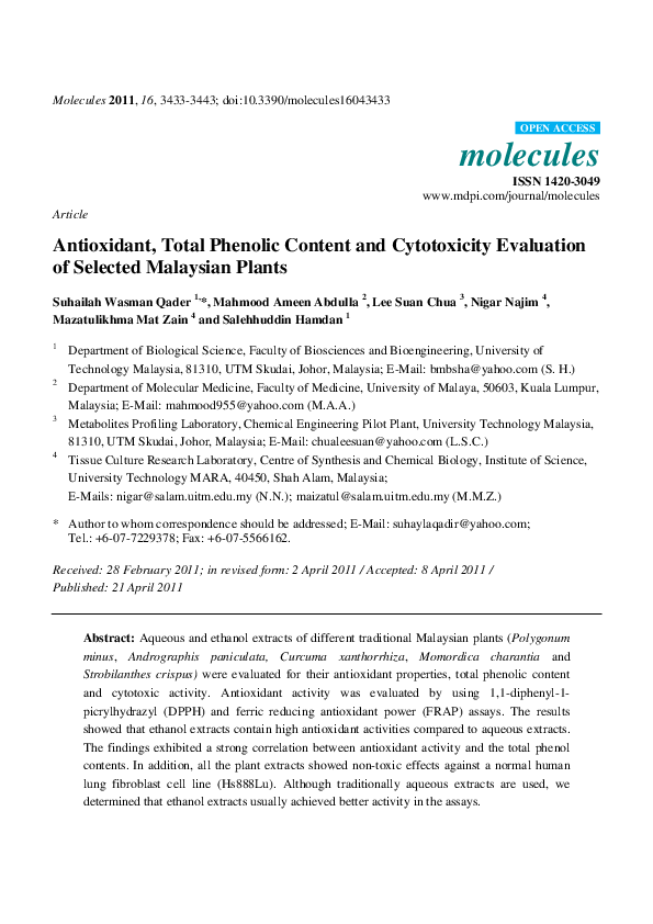 (PDF) Antioxidant, Total Phenolic Content and Cytotoxicity Evaluation of Selected Malaysian Plants