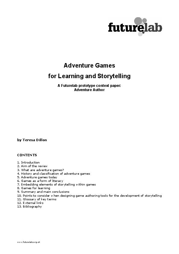 (PDF) Adventure Games for Learning and Storytelling. A Futurelab ...