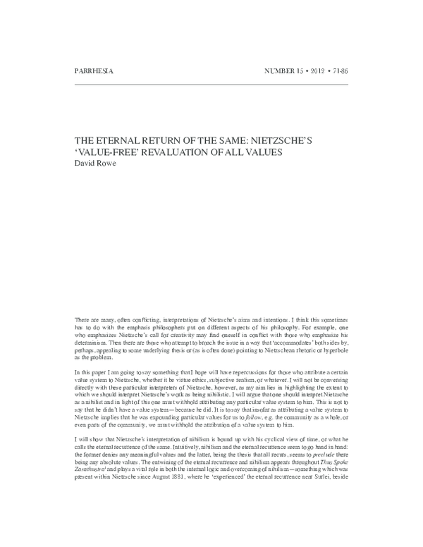 (PDF) The Eternal Return of the Same: Nietzsche's "Valueless ...