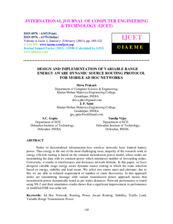 Pdf Design And Implementation Of Variable Range Energy Aware Dynamic Source Routing Protocol