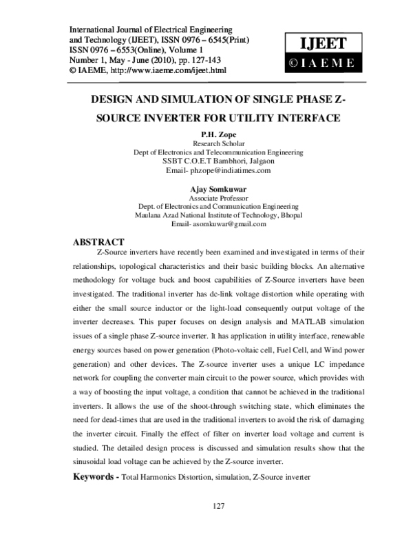 Pdf Design And Simulation Of Single Phase Zsource Inverter For Utility Interface