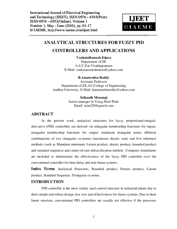 Pdf Analytical Structures For Fuzzy Pid Controllers And Applications