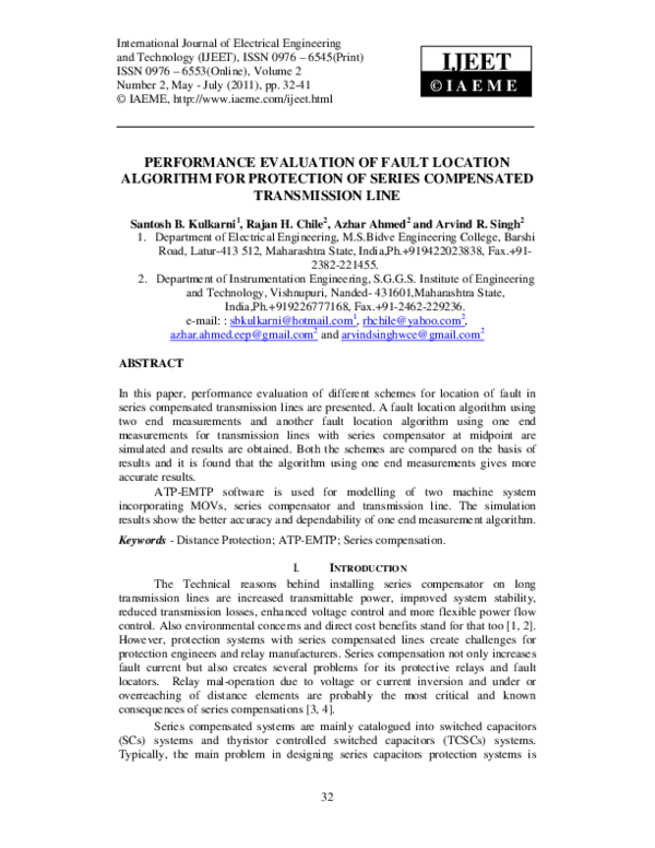 Pdf Performance Evaluation Of Fault Location Algorithm For Protection Of Series Compensated