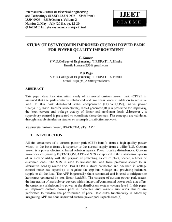 (PDF) STUDY OF DSTATCOM IN IMPROVED CUSTOM POWER PARK FOR POWER QUALITY IMPROVEMENT