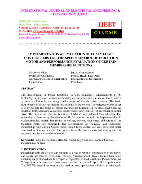 (PDF) IMPLEMENTATION & SIMULATION OF FUZZY LOGIC CONTROLLERS FOR THE ... (PDF) IMPLEMENTATION & SIMULATION OF FUZZY LOGIC CONTROLLERS FOR THE ...