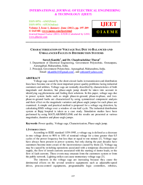 (PDF) CHARACTERIZATION OF VOLTAGE SAG DUE TO BALANCED AND UNBALANCED FAULTS IN DISTRIBUTION SYSTEMS