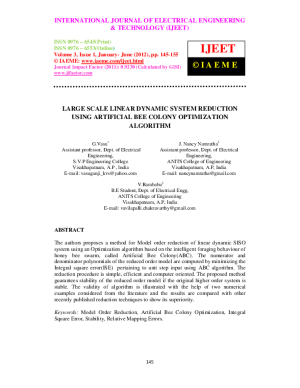 Pdf Large Scale Linear Dynamic System Reduction Using Artificial Bee Colony Optimization