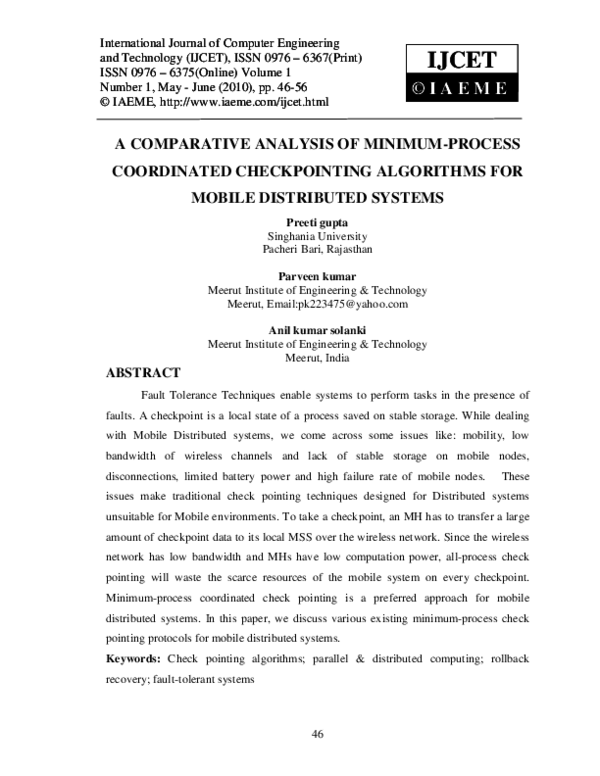 Pdf A Comparative Analysis Of Minimum Process Coordinated Checkpointing Algorithms For Mobile