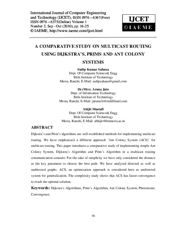 (PDF) A COMPARATIVE STUDY ON MULTICAST ROUTING USING DIJKSTRA’S, PRIMS AND ANT COLONY SYSTEMS