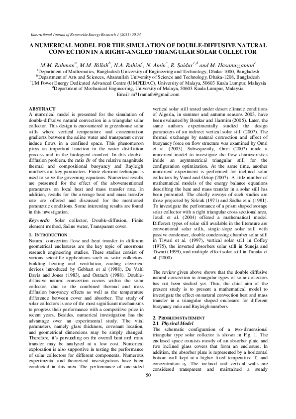 Pdf A Numerical Model For The Simulation Of Double Diffusive Natural Convection In A Right
