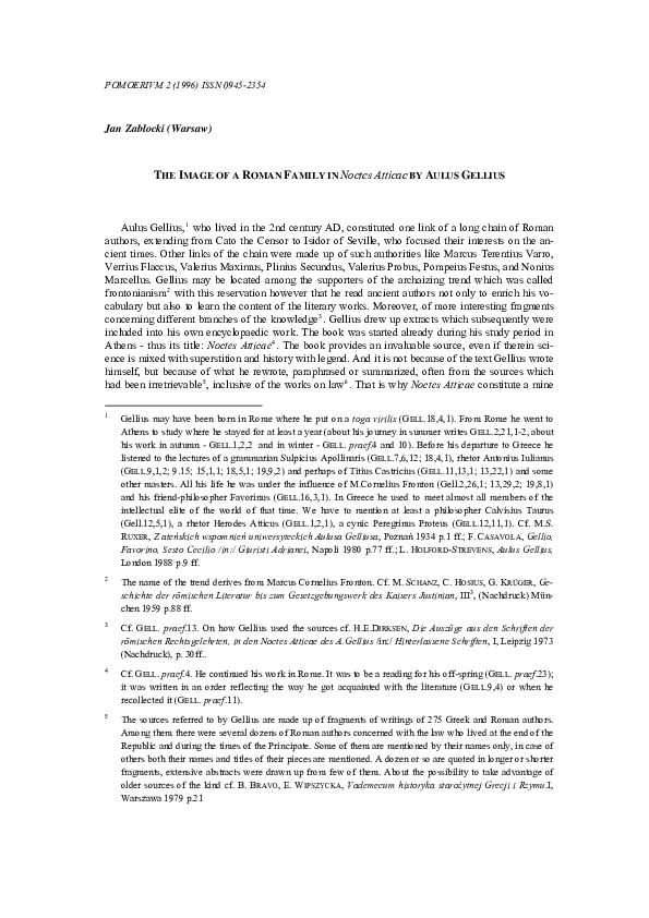 (PDF) The Image of a Roman Family in ‘Noctes Atticae’by Aulus Gellius