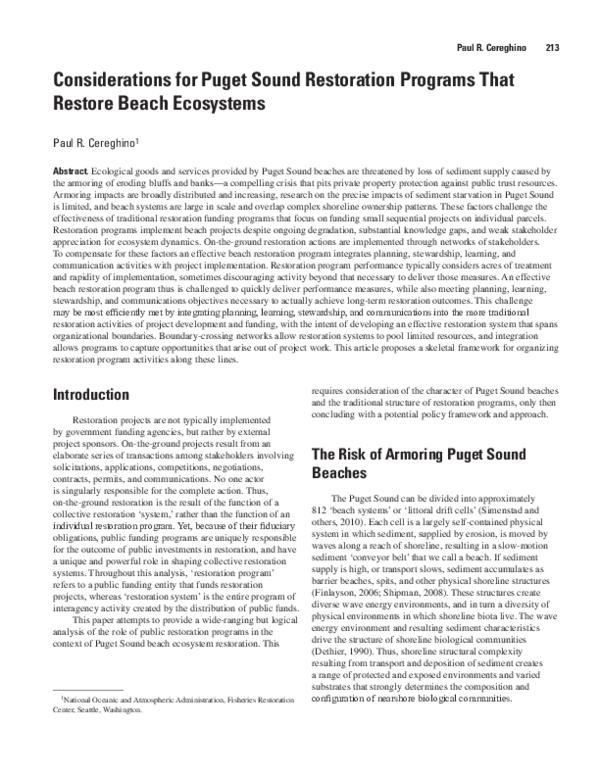 (PDF) Considerations for Puget Sound Restoration Programs That Restore ...