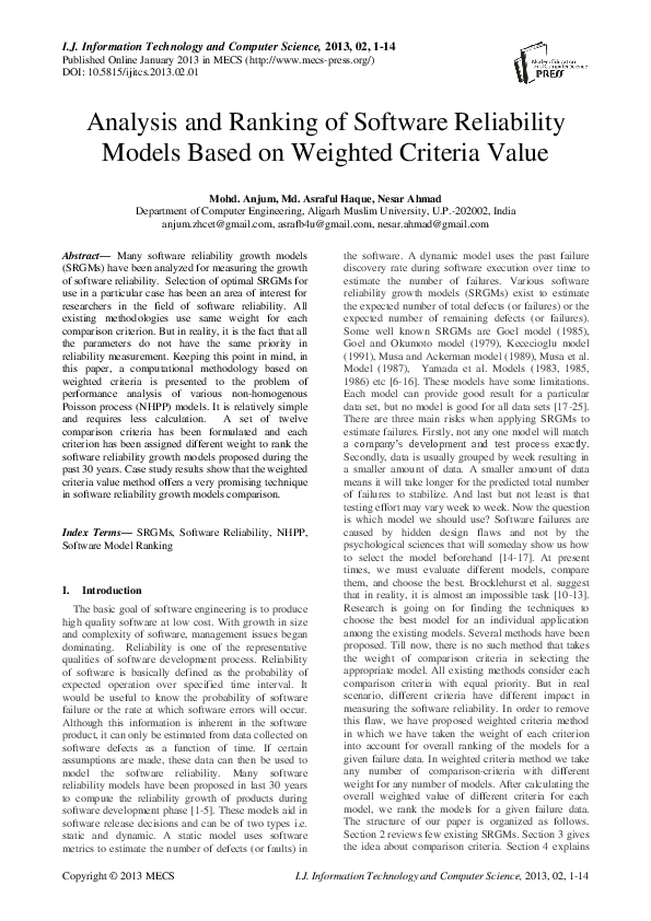 (PDF) Analysis & Ranking of Software Reliability Growth Models
